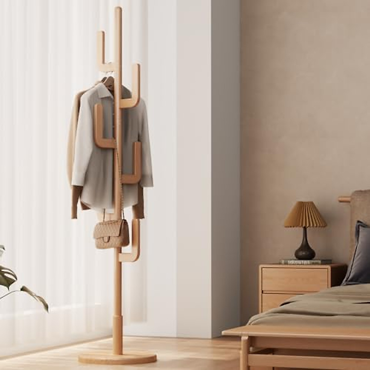 KungFuWood Coat Rack, Solid Wood Cactus Coat Rack Stand, Freestanding Coat Rack with 6 L-shaped Hooks and 3 Adjustable Sizes, Sturdy and Easy to Assemble Coat Tree for Entryway, Bedroom (Natural)