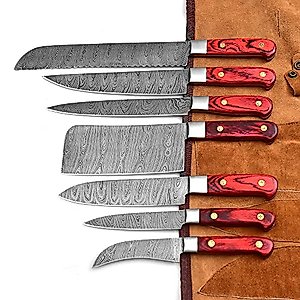 Professional Kitchen Knives Custom Made Damascus Steel 6 pcs of Professional Utility Chef Kitchen Knife Set Chef Knife with Roll Bag.