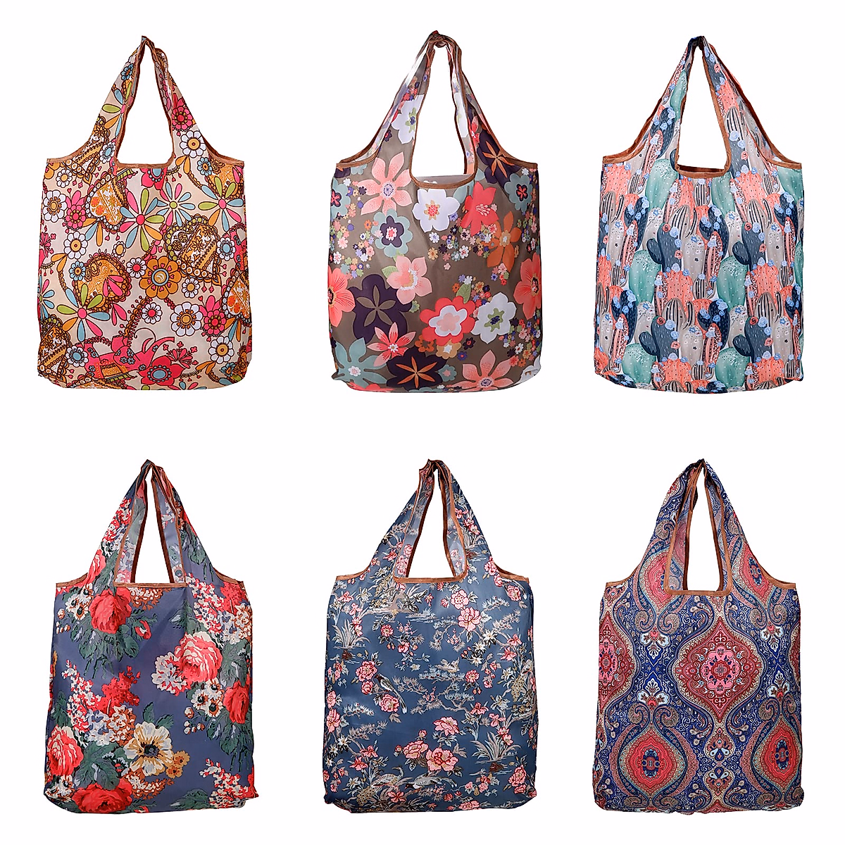 Oudduo Floral Washable Bag for Grocery 6 Pack Foldable Grocery Bag Polyester Shopping Tote Heavy Duty Durable