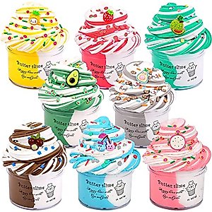 Butter Fruit Slime Kit for Girls 8 Pack, Stretchy and Non-Sticky, Slime Party Favors for Kids, with Strawberry Cherry Slime Cute Charms etc, Stress Relief Putty Toys for Kids, Cute Stuff for Girls