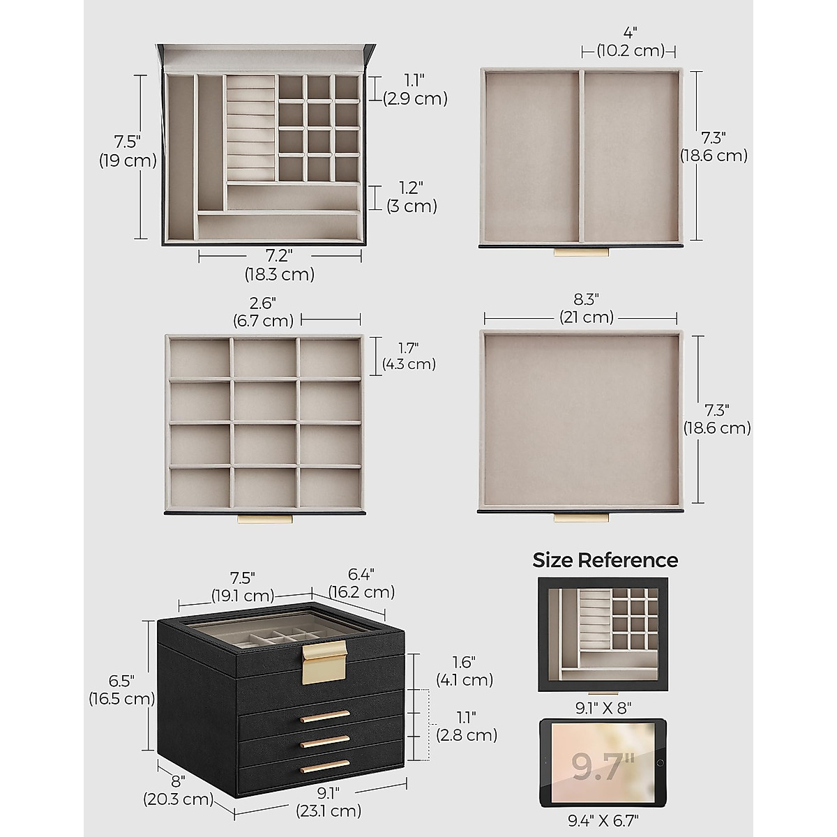 SONGMICS Jewelry Box with Glass Lid, 4-Layer Jewelry Organizer, 3 Drawers, for Big and Small Jewelry, Jewelry Storage, Modern Style, 8 x 9.1 x 6.5 Inches, Graphite Black and Gold Color UJBC173B01