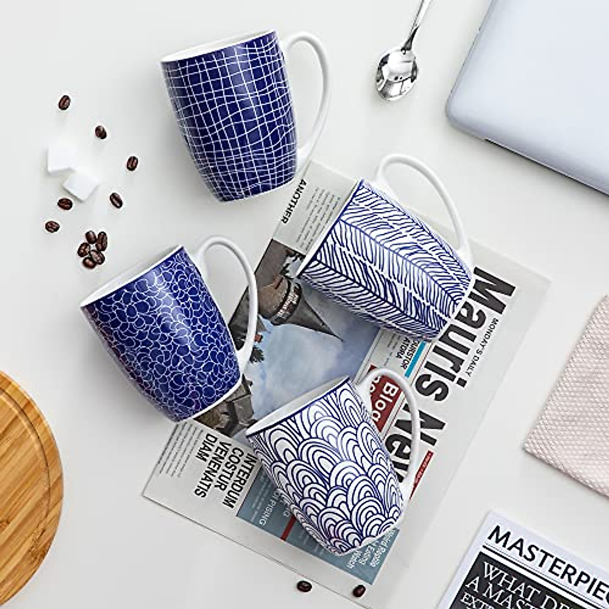 vancasso Porcelain Coffee Mug Set, Takaki 300 ml/10.6 Ounce Coffee Tea Cup Set of 4, for Cappuccino/Latte/Tea, Blue