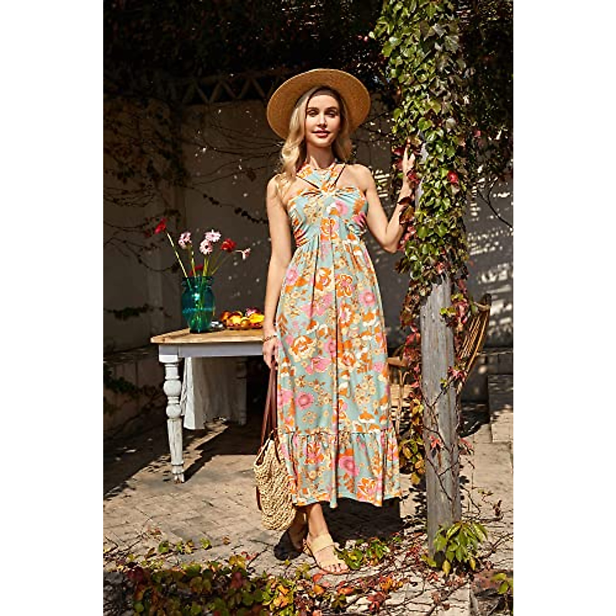 2023 Women's Halter Neck Floral Sleeveless Summer Dresses for Beach Greygreen L