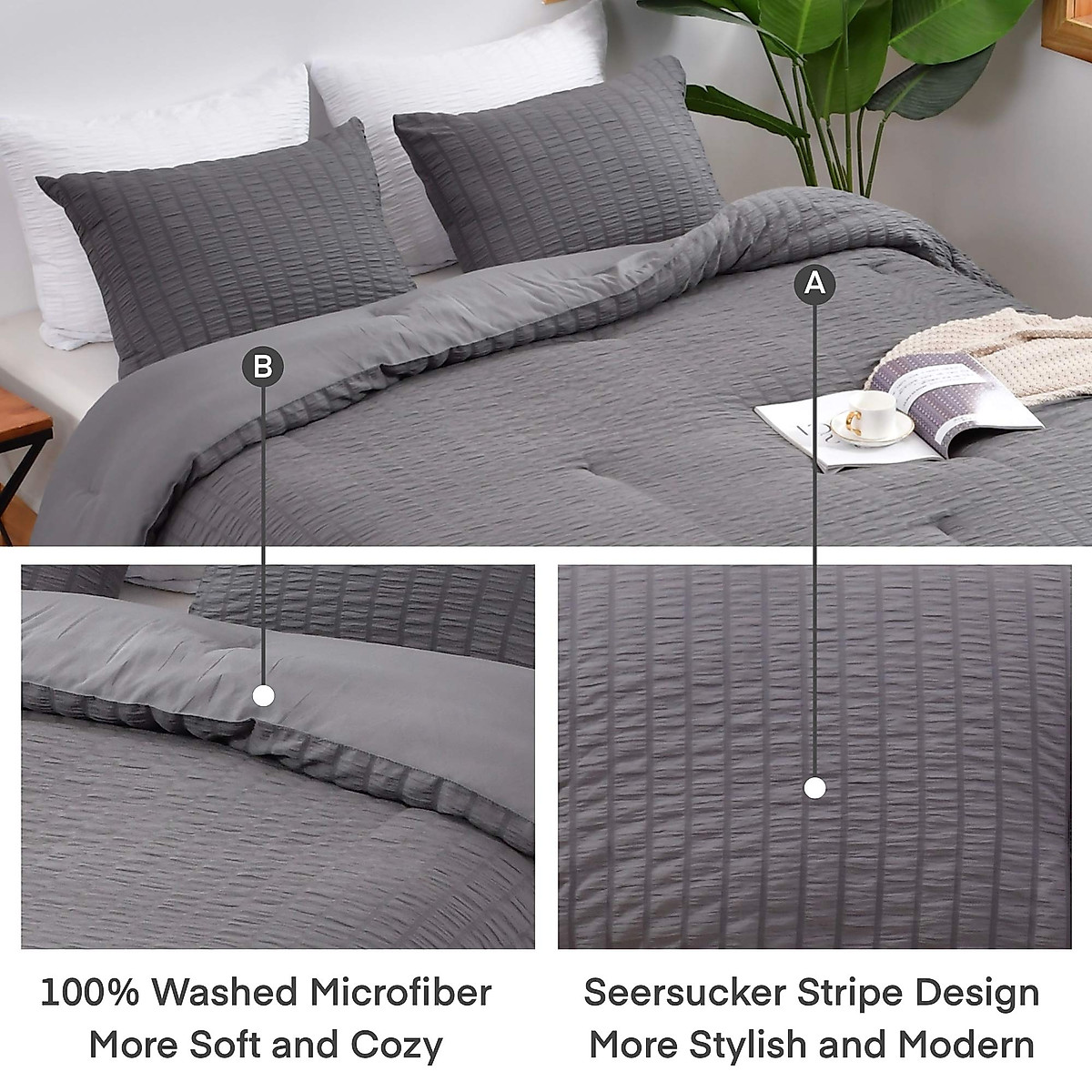 AveLom Seersucker Full Comforter Set (80x90 inches), 3 Pieces - 100% Soft Washed Microfiber Lightweight Comforter with 2 Pillowcases, All Season Down Alternative Comforter Set for Bedding, Gray