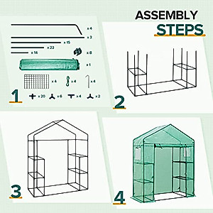 EAGLE PEAK 61'' x 28'' x 79'' Walk-in Greenhouse, 2 Tier 4 Shelves Portable Plant Gardening Greenhouse, Front Roll-Up Zipper Entry Door and 2 Roll-Up Side Windows, Green