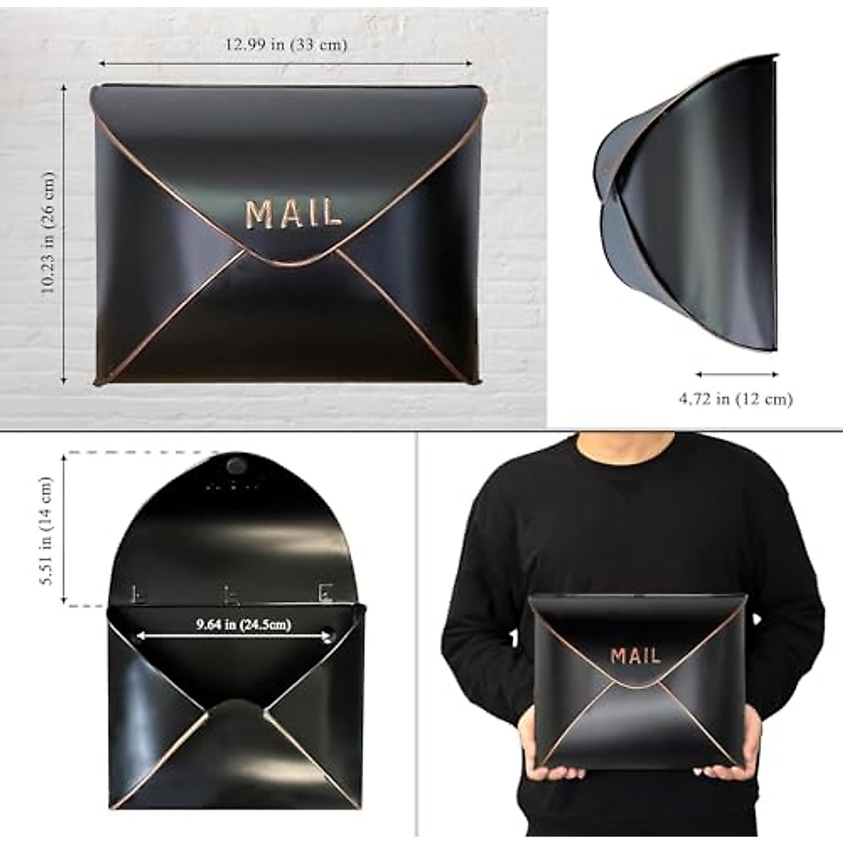 NACH Black Mailbox Wall Mount, 12.5 x 5 x 10 inch Wall Mount Mailboxes for Outside, Waterproof Mailboxes for Outside - Envelope Mailbox