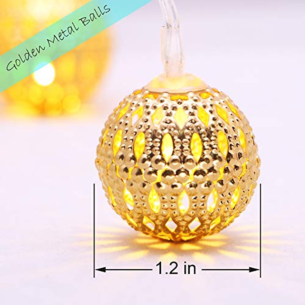 Anlaibao Moroccan String Lights, 17ft 30 LED Big Metal Globe Lights with Remote Timer,Indoor Outdoor Battery Operated & USB Powered,Gold Ball Warm White Fairy Light for Bedroom Garden Party Decoration