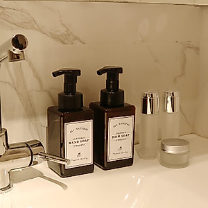 Foaming Soap Dispenser, 2 Pack Plastic Refillable Foaming Hand Soap Dispenser with 10 Pcs Waterproof Labels, 450ml (15oz) Foam Pump Bottle for Bathroom and Kitchen (Amber)