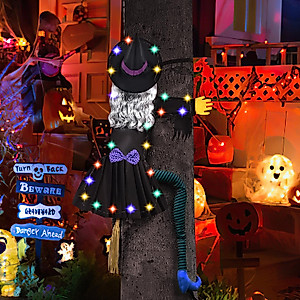 63" Large Crashing Witch Into Tree Halloween Decoration with Led Lights, Hanging Witch Cute Halloween Decorations Outdoor Crashed Witch Props Ornaments for Front Yard Tree Porch Lawn Garden Patio