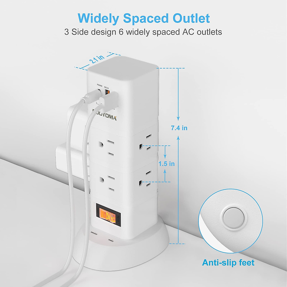 Power Strip Tower 6 Outlets with 3 USB Ports(PD20W & QC18W) Quick Desk Charging Station, 6 ft White Extension Cord, Flat Plug, Multi Plug Outlet Extender,1080 J Surge Protector for Home Office