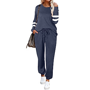 Ekouaer Sweatsuits Womens Loungewear Set Tracksuit Long Sleeve Pajamas Set with Pockets 2 Piece Outfits Lounge Sets Navy Blue XX-Large