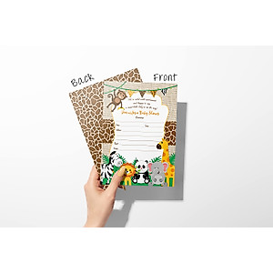 Jungle Safari Baby Shower Invitations - Safari Animal Invitation - 20 Fill-In Invitations and White Envelopes - Boy or Neutral Baby Shower Party - Monkey, Lion, Elephant, Giraffe