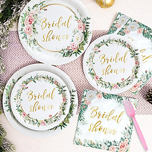 QIFU Bridal Shower Decorations Party Tableware - Pink and Gold Floral Paper Plates,Dessert Plates,Napkins and Forks Sets for 24 Guests, Celebrate the Bride-to-be Bachelorette Party Supplies