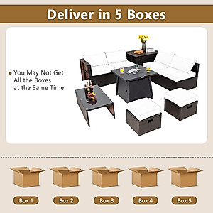 Tangkula 9 Pieces Patio Furniture Set with 30” Propane Fire Pit Table, Outdoor PE Wicker Sectional Sofa Set with Storage Box, 50,000 BTU Gas Fire Pit Table with 2 Protective Covers (Black)