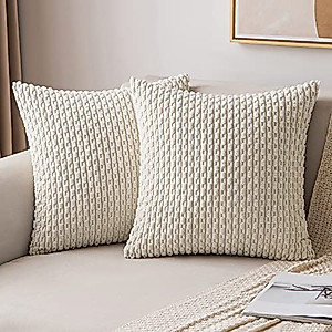 MIULEE Throw Pillow Covers Soft Corduroy Decorative Set of 2 Boho Striped Pillow Covers Pillowcases Farmhouse Home Decor for Couch Bed Sofa Living Room 18x18 Inch Cream White