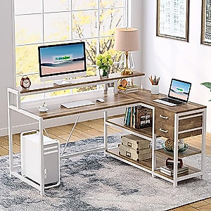 LITTLE TREE 55" L-Shaped Computer Desk, Reversible Home Office Desk with File Drawers and Monitor Stand, Gaming Desk Writing Study Table Workstation