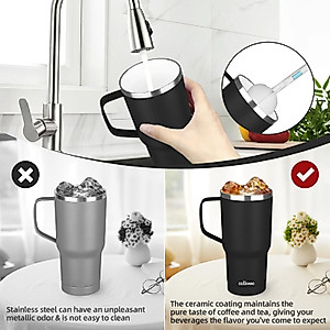 20 oz Insulated Coffee Mug with Ceramic Coating, Stainless Steel Travel Mug Tumbler with Handle Lid and Straw, Double Wall Leak-Proof Thermos Coffee Travel Mug Keeps Drink Hot and Cold (Black)