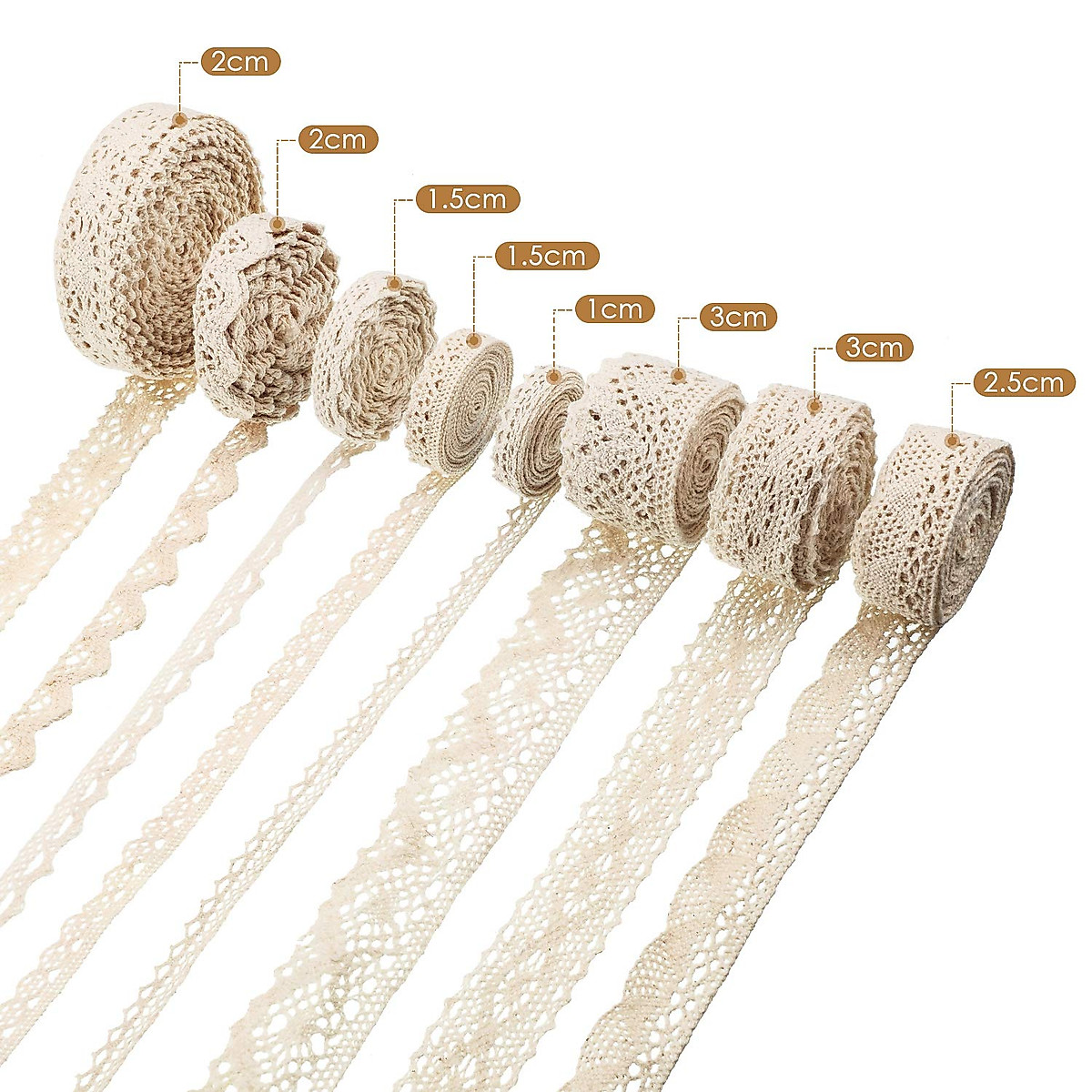 40 Yards Cotton Lace Trim Vintage Lace Ribbon Crochet Cotton Lace Scalloped Edge for Bridal Wedding Decoration Christmas Package DIY Sewing Craft Supply, 5 Yards Each, 8 Styles (Beige)