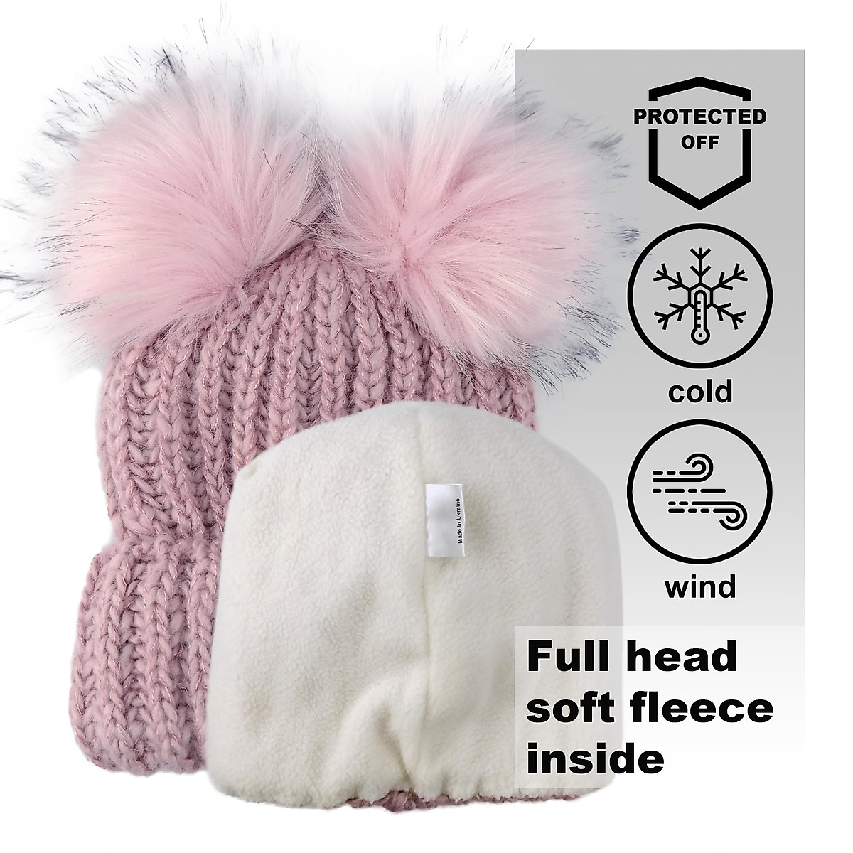 Braxton Beanie Women - 2 Pom Cable Knit Winter Warm Fleece Hat - Wool Snow Cuff Pink Ski Cap