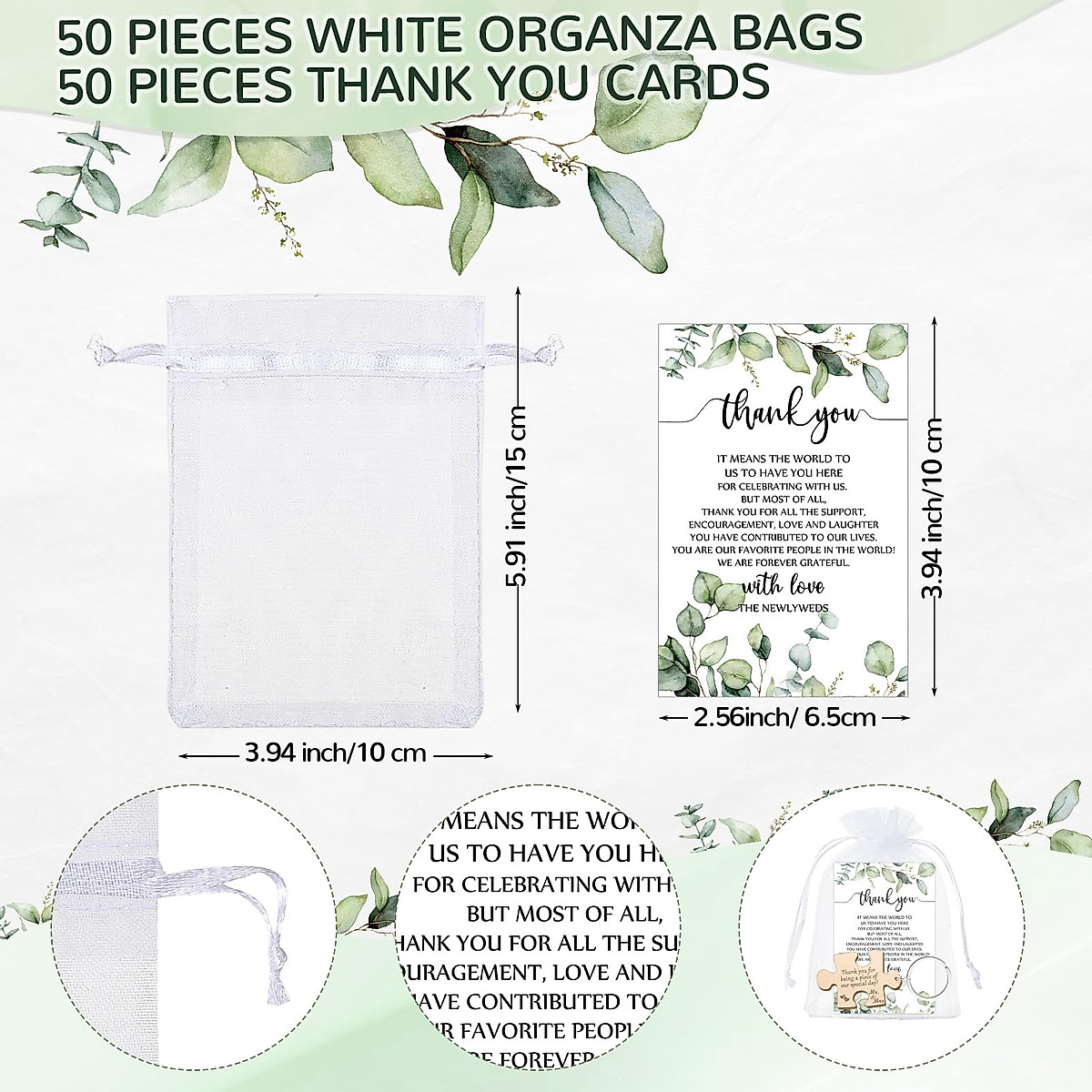 Sintuff 50 Sets Wedding Favors for Guests Rustic Wood Puzzle Keychain Thank You Card Organza Bag Wedding Party Bridal Shower Souvenir (Natural Wood)