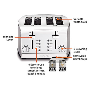 Krups Toaster Stainless Steel Toaster 4 Slice 4 Functions, Cancel, Bagel, Reheat, Defrost, 1500 watts 6 Shade Settings, Removable Crumb Tray
