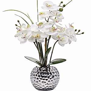 Orchids Artificial Flowers 20.8'' Faux Orchid Flower Arrangement Fake Orchid White Flower with Silver Ceramic Vase Phalaenopsis Orchid for Home Office Bathroom Table Centerpieces Decor, Briful