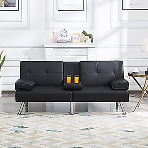 Modern Faux Leather Futon Sofa Loveseat Convertible Sleeper Couch Bed Daybed, Folding Recliner with 2 Cup Holders,Removable Soft Pillow-Top Armrest,3 Angles for Living Room Furniture Sets