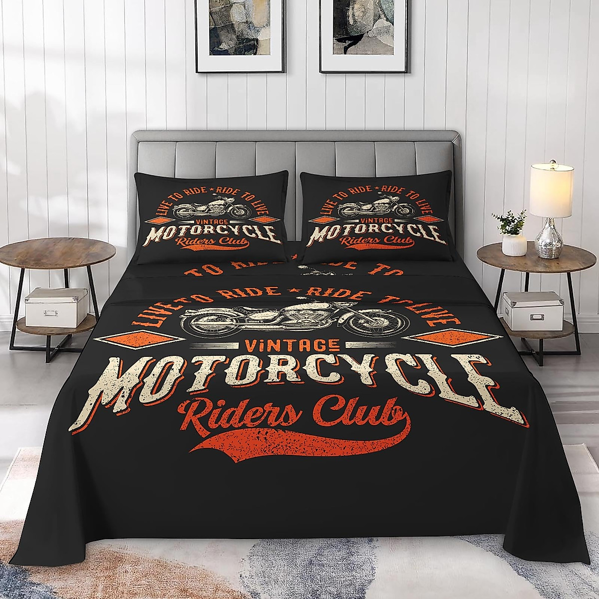 Pamnest 4 Pieces Queen Size Bed Sheet Sets, Bike Retro Motorcycle Soft Microfiber Bedding Sets for Kids and Adults Bedroom Bed Decor, Race Vintage Flat Sheet, Fitted Sheet and Pillowcases