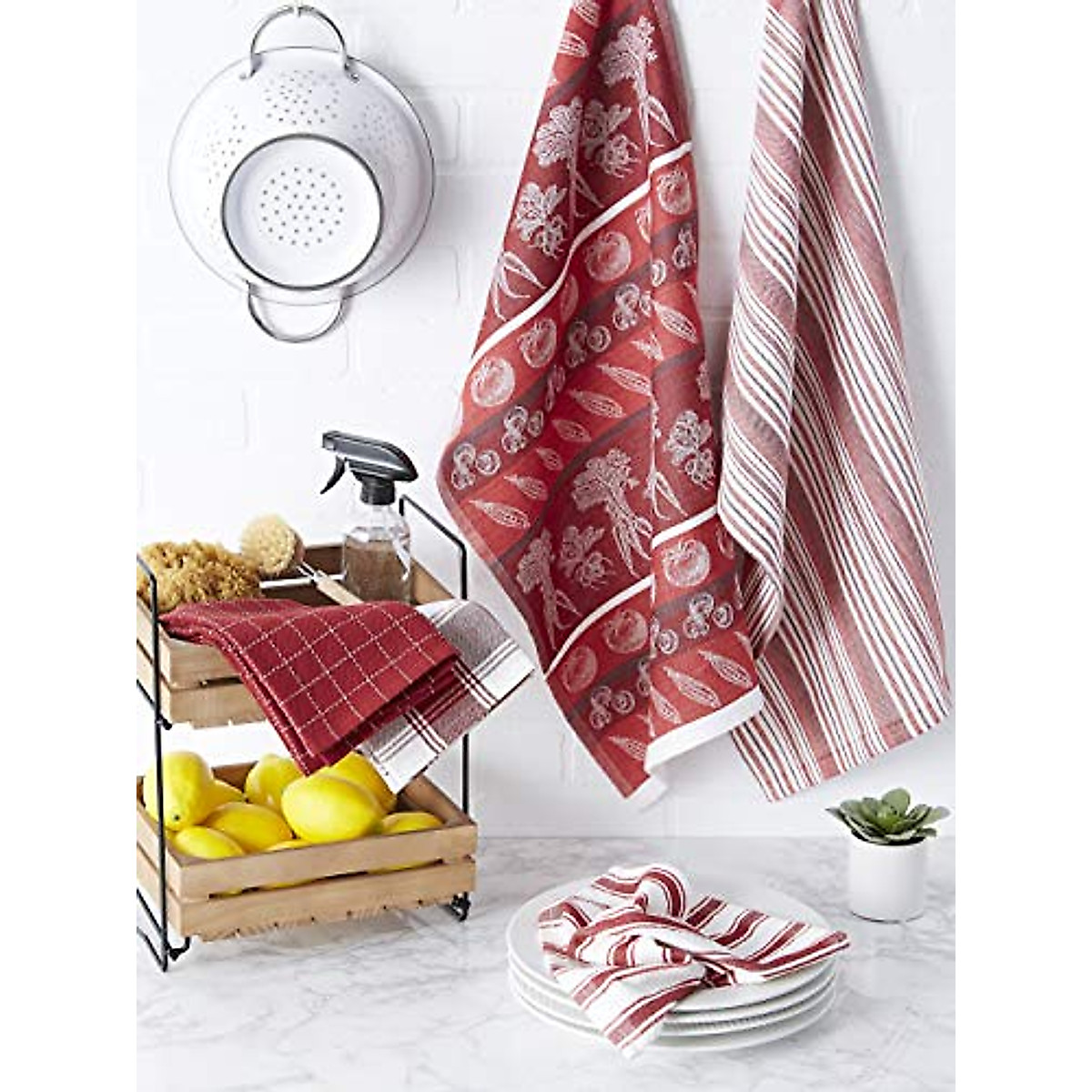 DII Assorted Pattern, Kitchen Collection, Dishtowels & Dishcloth, Garnet, 5 Piece