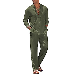 COOFANDY Men's 2 Piece Linen Sets Casual Long Sleeve Shirt and Loose Pants Set Beach Vacation Outfits, Army Green, X-Large