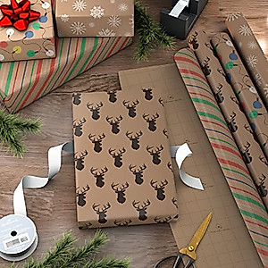 Hallmark Recyclable Christmas Wrapping Paper for Kids with Cut Lines on Reverse (4 Rolls: 88 sq. ft. ttl) Kraft Brown with Christmas Lights, Deer, Snowflakes, Red, Green, Blue Stripes