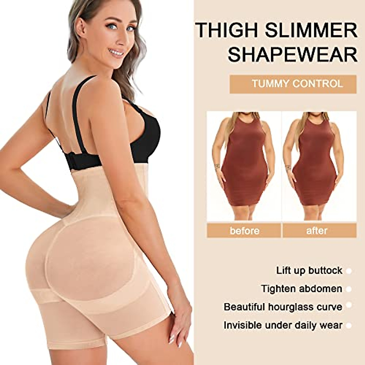 QACIVIQ Tummy Control Shapewear Panties for Women High Waist Trainer Butt Lifter Seamless Body Shaper Slip Shorts Underwear Beige