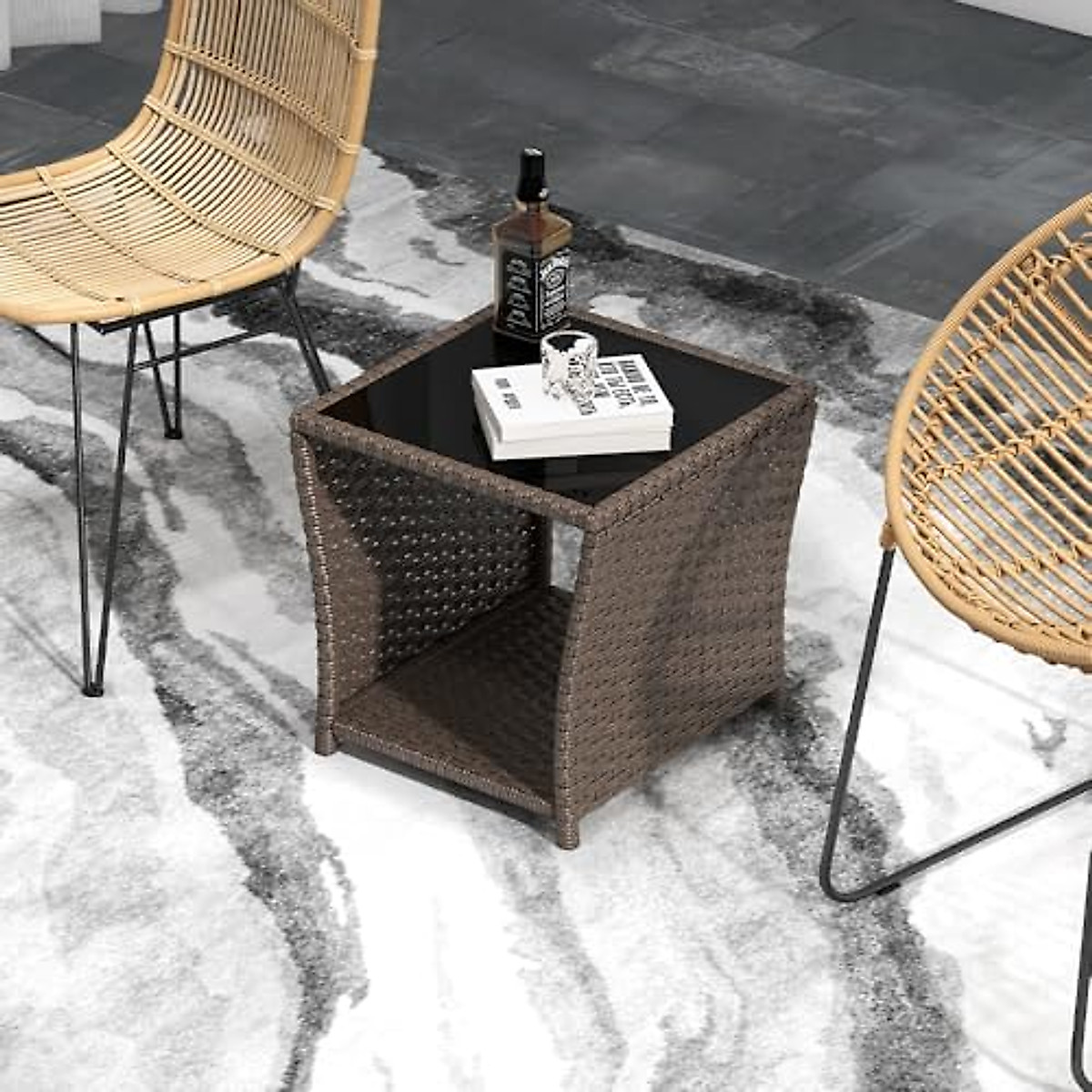 FIZZEEY Outdoor Side Table - Outdoor Wicker End Side Tables for Patio with Storage Shelf, Brown