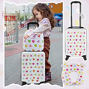 Sanwuta 4 Pieces Heart Luggage for Girls 17 Inch Kids Rolling Luggage White Travel Rolling Suitcase with Wheels Kids Luggage Set with Backpack Neck Pillow Name Tag