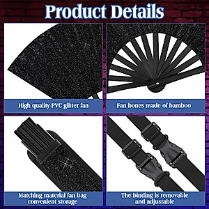 Ripeng 13" Glitter Large Rave Folding Hand Fan Clack Rave Fan for Women with Leg Strap and Fabric Case Bag for Dance, Edm(Black)
