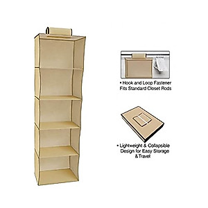 plastific 5 Tier Hanging Wardrobe Storage Shelf Organiser Breathable Closet Pockets Unit Cupboards Shelves Foldable for Clothes Sweaters Shoes Accessories…