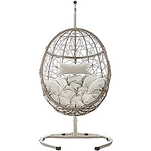 Crosley Furniture KO70230LB Cleo Indoor/Outdoor Wicker Hanging Egg Chair with Stand, Light Brown with Sand Cushions