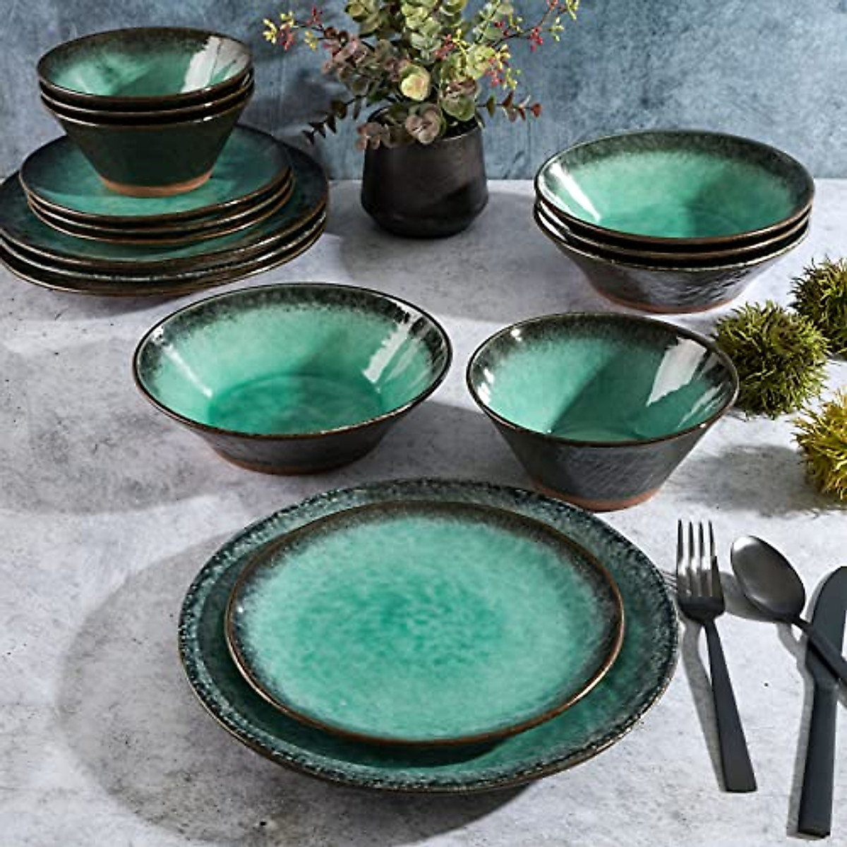 Gibson Elite Green Lantern 16 Piece Double Bowl Dinnerware Set, Teal
