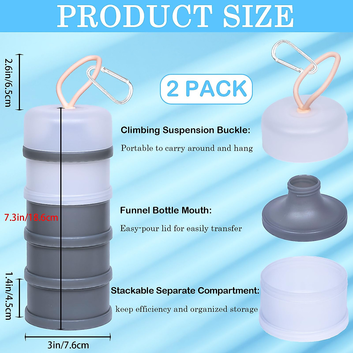 GIWOSK 2Pcs Protein Powder Travel Container, 4 Layers Stackable Leakproof Formula Container Dispenser To Go with Funnels Stand, Portable Keychain Protein Powder Container for Travel Workout Fitness
