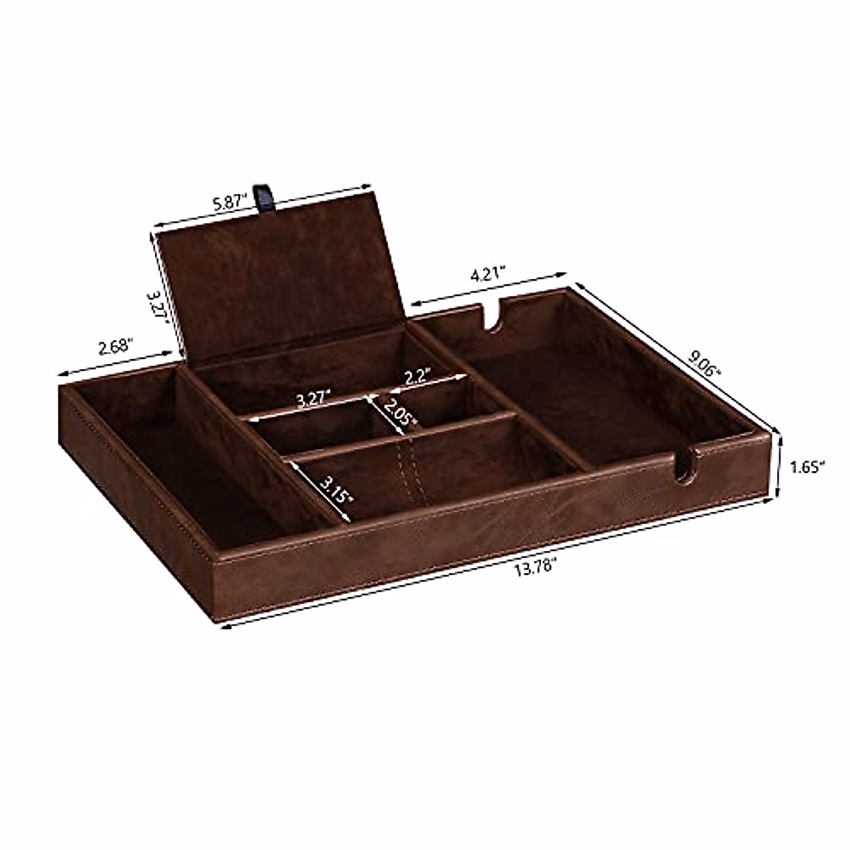 BEWISHOME Valet Tray for Men Dresser Organizer Nightstand Organizer Desktop Storage Organizer with Large Smartphone Charging Station, 6 Compartments, Faux Leather, Brown SSH16Z