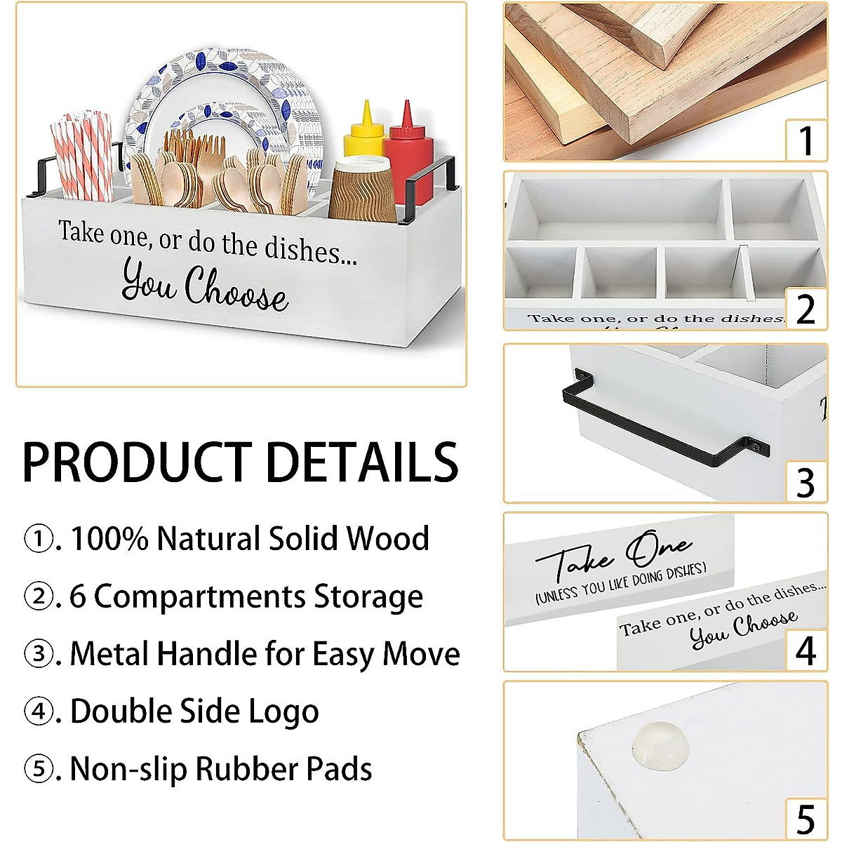 Kitchen Countertop Paper Plate Caddy Holder, Wood Utensil Caddy Holder Organizer for Plates and Cutlery, Silverware Caddy Picnic Caddy Condiment Caddy for Parties BBQ and Outdoor Kitchen Accessories