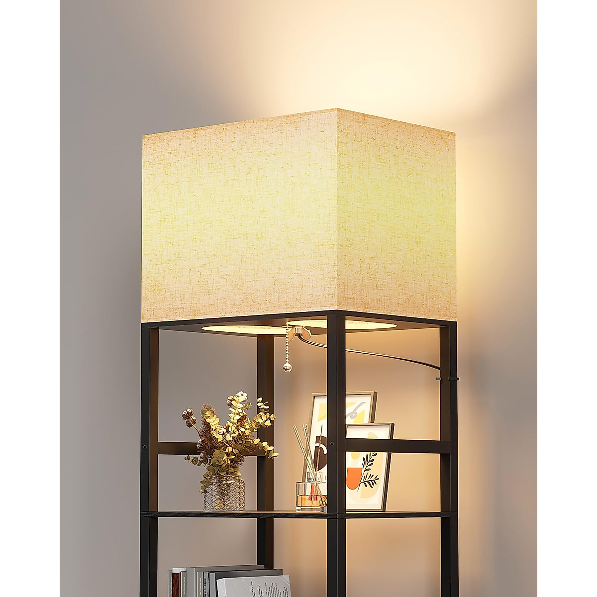 Evermagin 15.7" W Floor Lamp with Shelves, Standing Shelf Lamps for Living Room, 4 Tier Corner Display Book Shelf with Light for Bedroom and Home Decor, Black