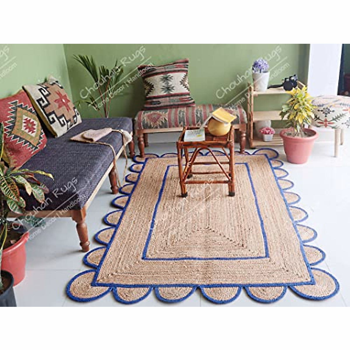 Chouhan Rugs Area Rug Natural Jute Hand Braided Rug Light Blue Scalloped Runner