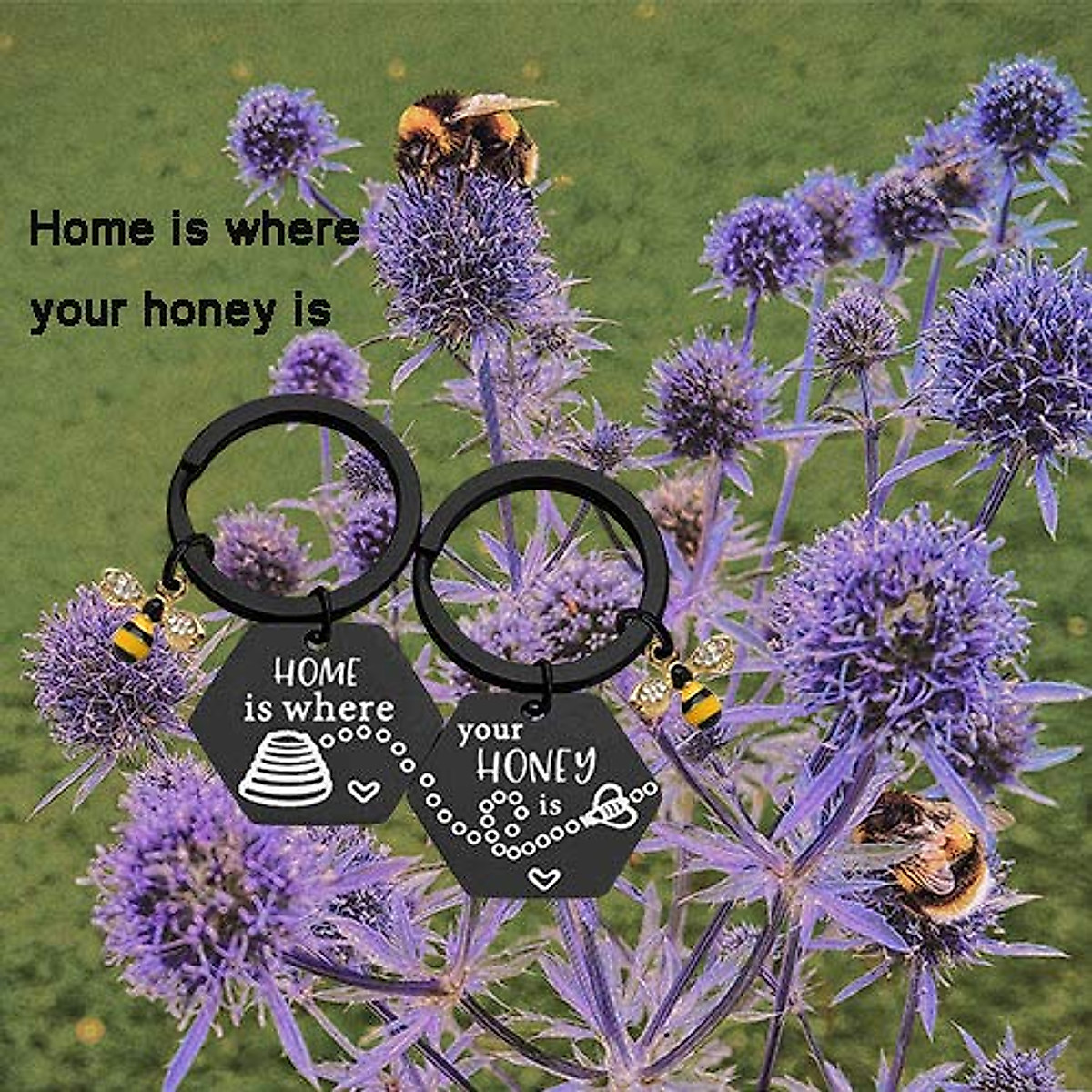 MAOFAED Matching Couples Keychains Honey Beehive Keychains Home is Where Your Honey Is Housewarming Couples Gift (your honey is black)