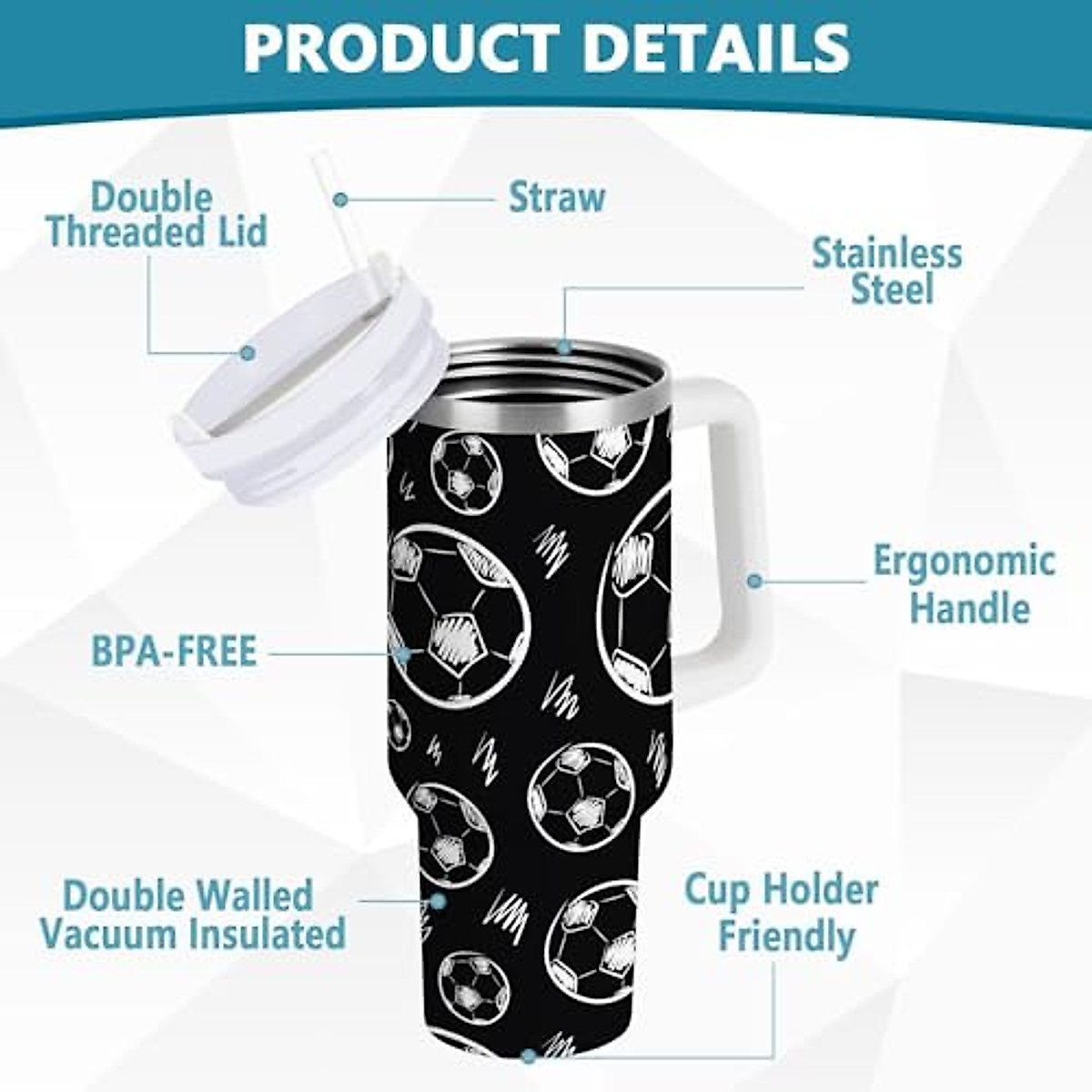ARGTILDN 30 oz Tumbler Football Doodle Insulated Travel Mug with Handle and Straw Lid Stainless Steel Vacuum Coffee Cup Tea Beverage Container Water Bottles for Car Sports office