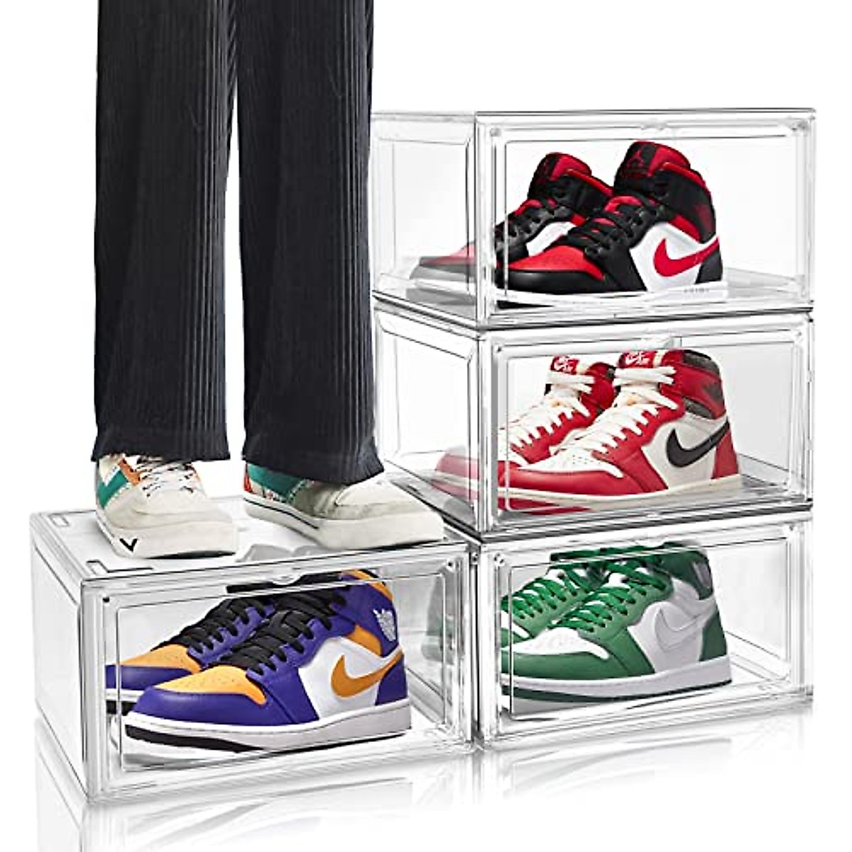EDS FAM 4 Pack Sneaker Storage for Sneakerheads Shoe Boxes Crates Clear Plastic Stackable Boot Display Case
