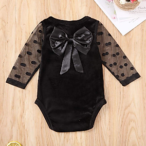 Hebuket Toddler Baby Girl Velvet Romper Long Sleeve Lace One Piece Jumpsuit Spring Solid Net Yarn Velour Bow-knot Bodysuit (Black, 12-18 Months)