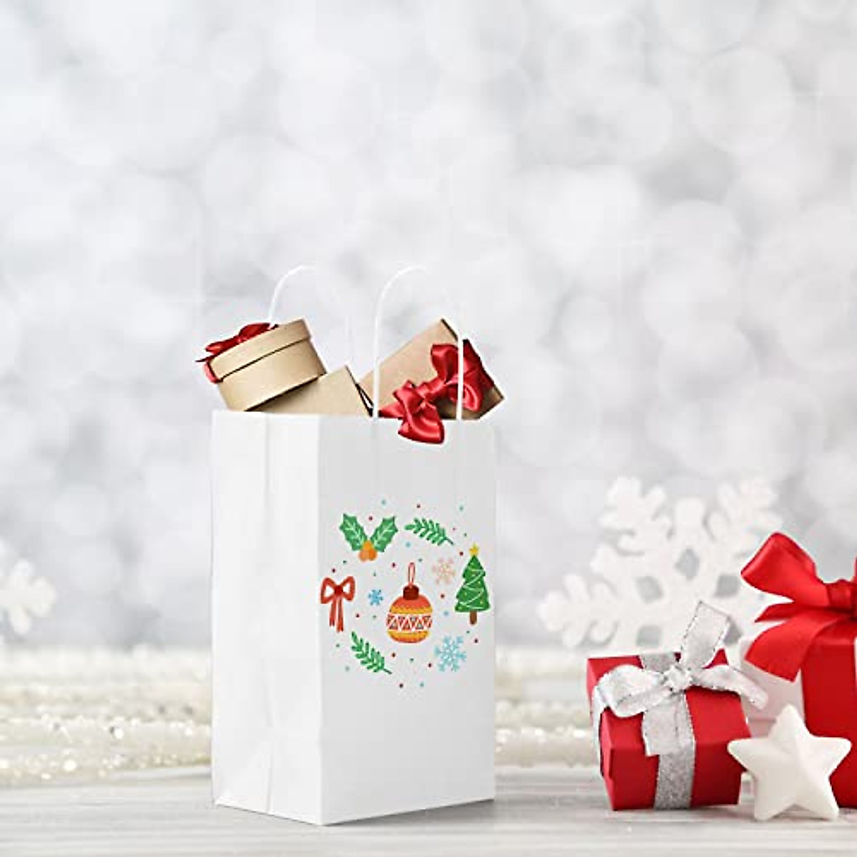 Lyeasw 25 Pack White Paper Bags with Handles,5.1X3.5X8 .2 inch Small Gift Bags Bulk, Kraft Party favor Grocery Shopping Bags