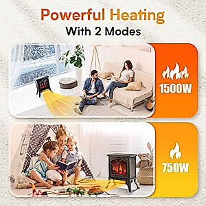 Electric Fireplace Heater, Infrared Space Heater with 3s Fast Heating, 1500W 750W 2 Modes, 3D Flame Effect, Overheat Tip-Over Protection, Brightness Adjustable, Safe Free Standing Stove Without Noise