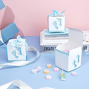 PH PandaHall 60 Sets Baby Shower Favor Boxes, Footprints Paper Gift Boxes Newborn Baby Folding Box with Ribbon for Gender Reveal Party Kindergarten Holiday Birthday Party Gift Favor, 2.4x2.4x2.4 Inch